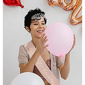 15th Birthday Decorations for Girls，Rose Gold 15 Birthday Crown Tiara ，Cake Topper, Birthday Sash with Peal Pin and Birthday Candles Kit,15th Birthday Gifts for Girls