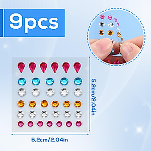 9 Sheets Face Gems Stickers, Self-adhesive Face Jewels Stickers including Stars, Flower, Drop Shape Cute Face Diamonds Jewels for Makeup, Party, Festival (Pattern 1)