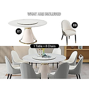 Leavader 9-Piece Dining Table Set - 59" Round Dining Table with Rotating Tray, 1 Faux Marble Dining Table & 8 PU Leather Chairs, Morden Round Stone Dining Table Set for Kitchen, Resterant