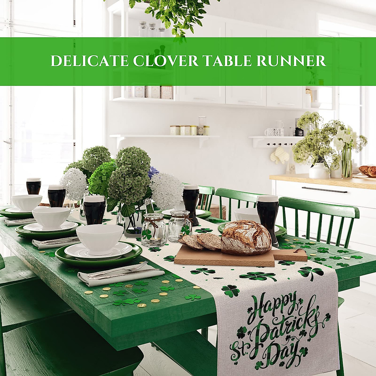 2 Pack St. Patrick's Day Table Runner Lucky Shamrocks Table Runner Irish Burlap Table Runners Lucky Clover Table Runners for St. Patrick's Day Spring Wedding Shower Dinner Party Supplies 13 x 72 inch