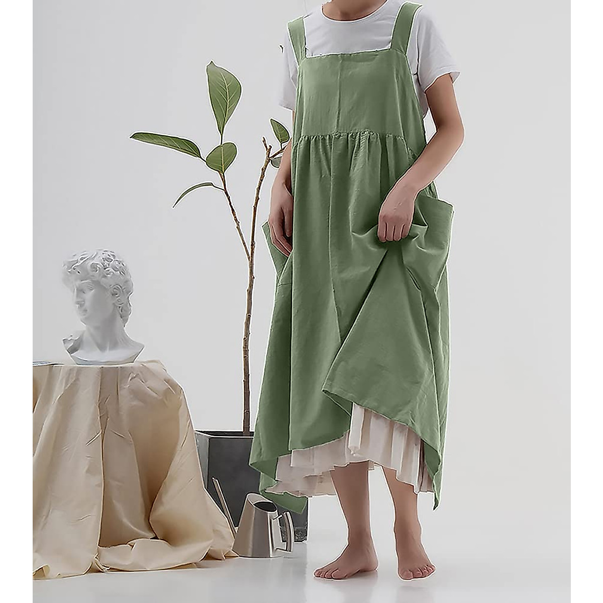 losofar Cotton Linen Square Dress Overalls Kitchen Gardening Solid Color Apron Flower Shop Smock (Green, 92cmx110cm)