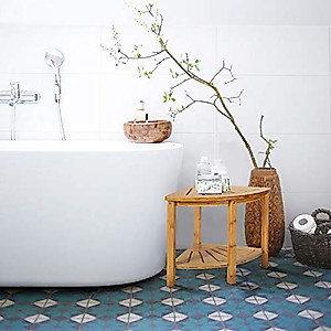 OasisCraft Corner Shower Bench Bamboo Shower Stool for Inside Shower Corner Shelf Shower Seat Bathroom Spa Stool with Shelf