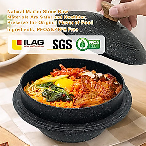 Bobikuke Cast Aluminum Pot with Lid, 7.9 in Non-Stick Casserole Dish Korean Stone Bowl Induction Compatible, Black