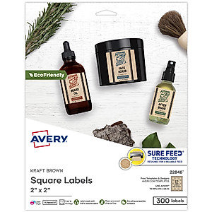 Avery Printable Blank Square Labels, 2" x 2", Kraft Brown, 300 Customizable Labels (22846)