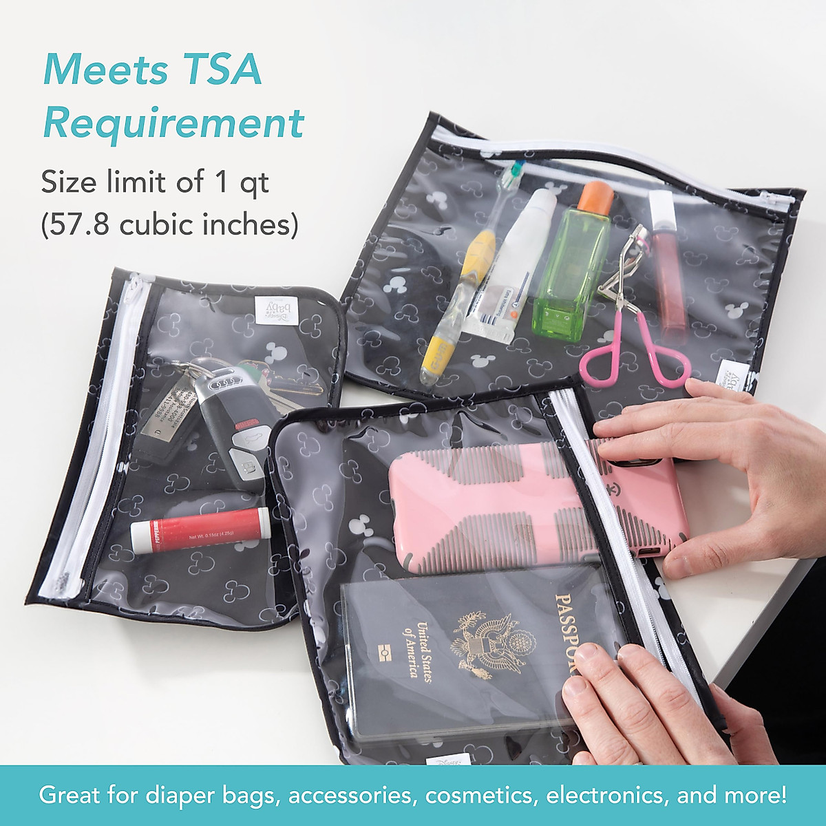 Bumkins Disney Travel Bag, Toiletry, TSA Approved Pouch, Zip Bag, Quart Size Airline Compliant, Clear-Sided, Baby, Diaper Bag Organization, Accessories, Packing, Set of 3 Sizes, Mickey Mouse Icon