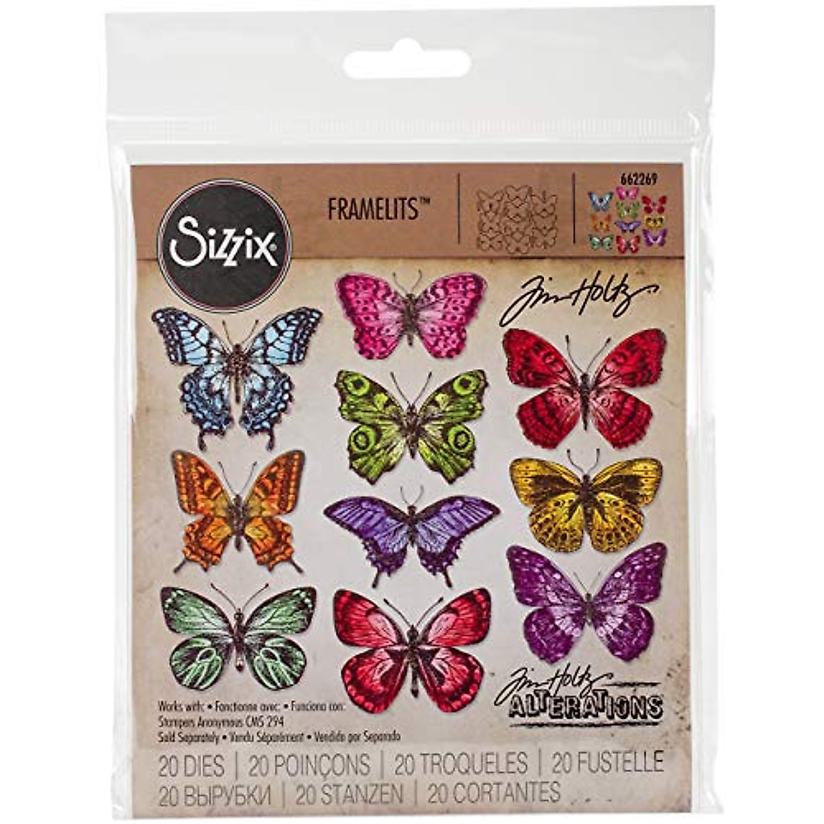 Sizzix Die Set , Flutter by Tim Holtz, 20 Pack, Multi Color, One Size Framelits, Multicolor