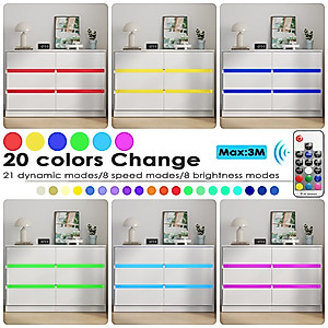 Gdvsclr 6 Drawer Double Dresser, Bedroom Dresser with Led Light, Wood Dresser for Nursery, Living Room, Hallway, Handless Design, 47.2''W×15.7''D×30.2''H (White)