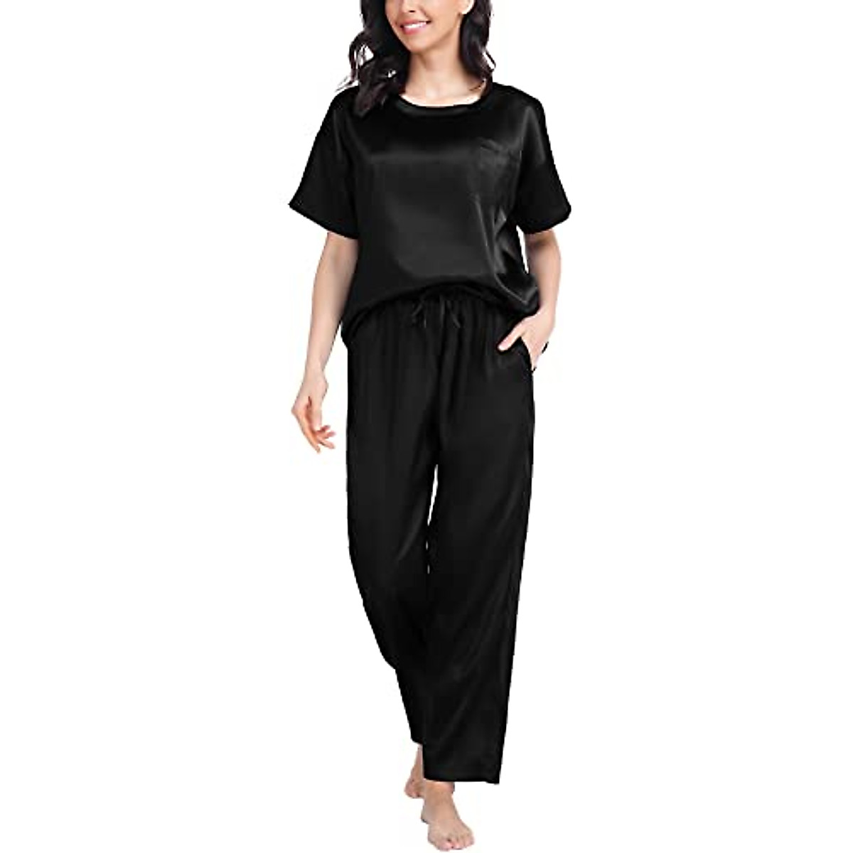 SWOMOG Silk Pajama Set for Women Two Piece Satin Short Sleeve and Long Pant Pajama Set Summer Sleepwear Silk Pj Sets Black S