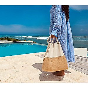 Large Beach Bag - woven beach bag - Canvas and Jute boho Tote Summer Shoulder Bag -Travel tote