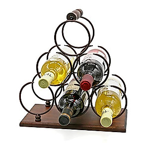 Countertop Wine Rack, Tabletop 6 Bottles Wood Wine Holder, Sturdy Handle, 3-Tier Rustic Classic Design, Simple Assembly, Wood & Metal (Copper)