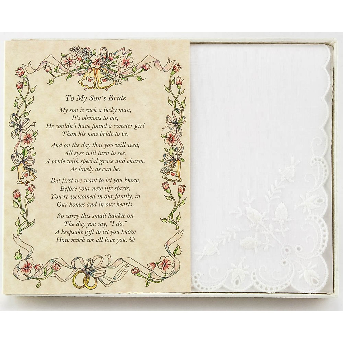 Wedding Handkerchief Poetry Hankie (Groom’s Mother to Bride) White, Lace Embroidered Bridal Keepsake, Beautiful Poem Card | Long-Lasting Memento for The Bride | Includes Gift Storage Box