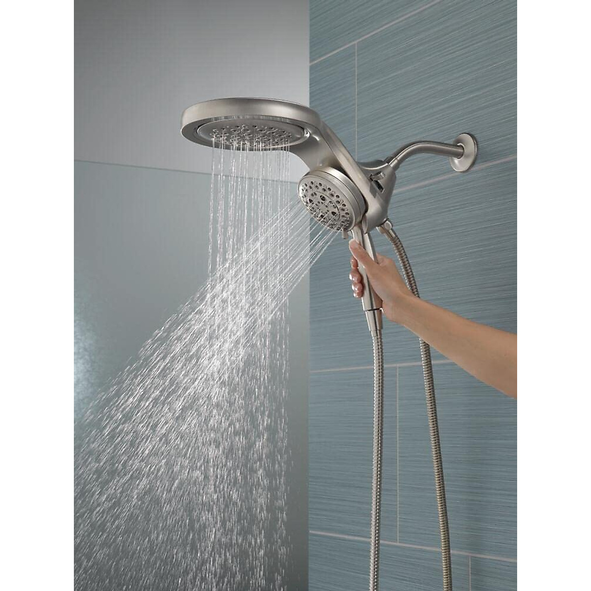 Delta Faucet HydroRain 5-Spray H2Okinetic Dual Shower Head with Handheld Spray, Brushed Nickel Shower Head with Hose, Handheld Shower Head, 2.5 GPM Flow Rate, Lumicoat Stainless 58680-SS-PR25