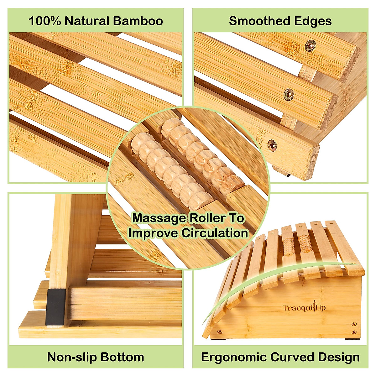 TranquilUp Bamboo Footrest under Desk, Foot Massager - Wide Surface - Anti-slip Bottom - Ergonomic - Barefoot Friendly - Suitable for Office, Home, Washroom, Help Improve Posture - Pain Relief