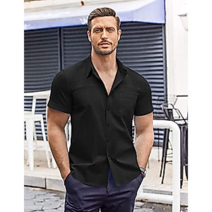 COOFANDY Mens Shirt Muscle Fit Dress Slim Fit Cotton Casual Button Down with Pocket, 01-Black, Large, Short Sleeve