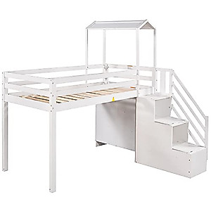 P PURLOVE Twin Over Full Bunk Bed, Wooden Bunk Bed Frame with Storage Staircase and Removable Storage Shelf, with guardrail and Separate Platform Bed, White