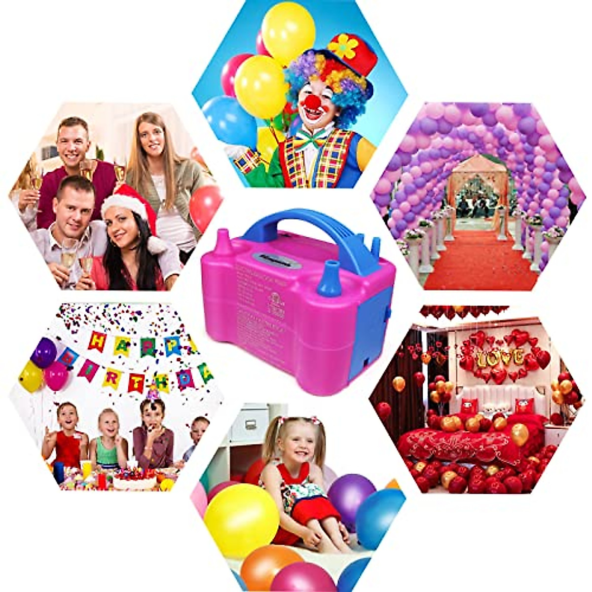 Balloon Pump, Electric Balloon Pump,Portable Dual Nozzles Electric Balloon Air Pump 110V 600W , Electric Balloon Inflator with Tying Tool, Flower Clips, Tape Strips, Dot Glues for Party Decoration