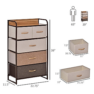HOMCOM 5-Drawer Fabric Dresser Tower, 4-Tier Storage Organizer with Steel Frame for Hallway, Bedroom and Closet, Maple Wood