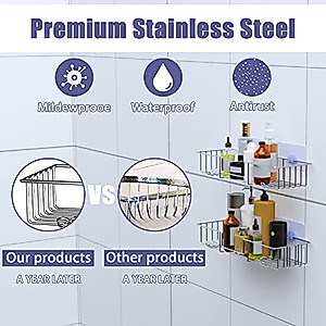 Adhesive Shower Shelves with 6 Hooks,Shower Caddy Wall Mounted Shampoo Holder,No Drilling Rustproof SUS 304 Stainless Steel Bathroom Shower Organizer Storage for Bathroom ,Toilet and Kitchen -2 Pack