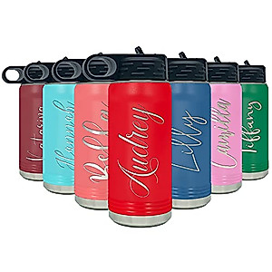 Personalized Bottle 20 oz with Straw Red Custom Laser Engraved Stainless Steel Vacuum Insulated Sport Bottle with Name