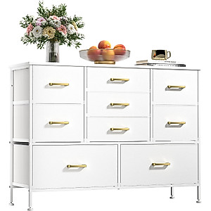 YILQQPER Wide Dresser for Bedroom TV Stand Entertainment Center with Large Chest of 9 Drawers for 50'' TV with Leather Front, Metal Handles for Closet, Entryway, Living Room, Glacier White