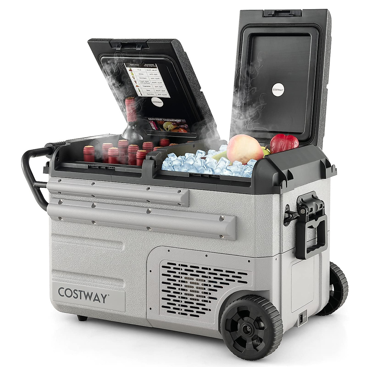 COSTWAY Car Refrigerator with Wheels, 40-Quart Dual-zone Single-temperature Electric Cooler, 12V/24V DC, 100-240V AC, -4°F To 50°F, Reversible Lids, Portable Car Freezer for RV Camping, Black