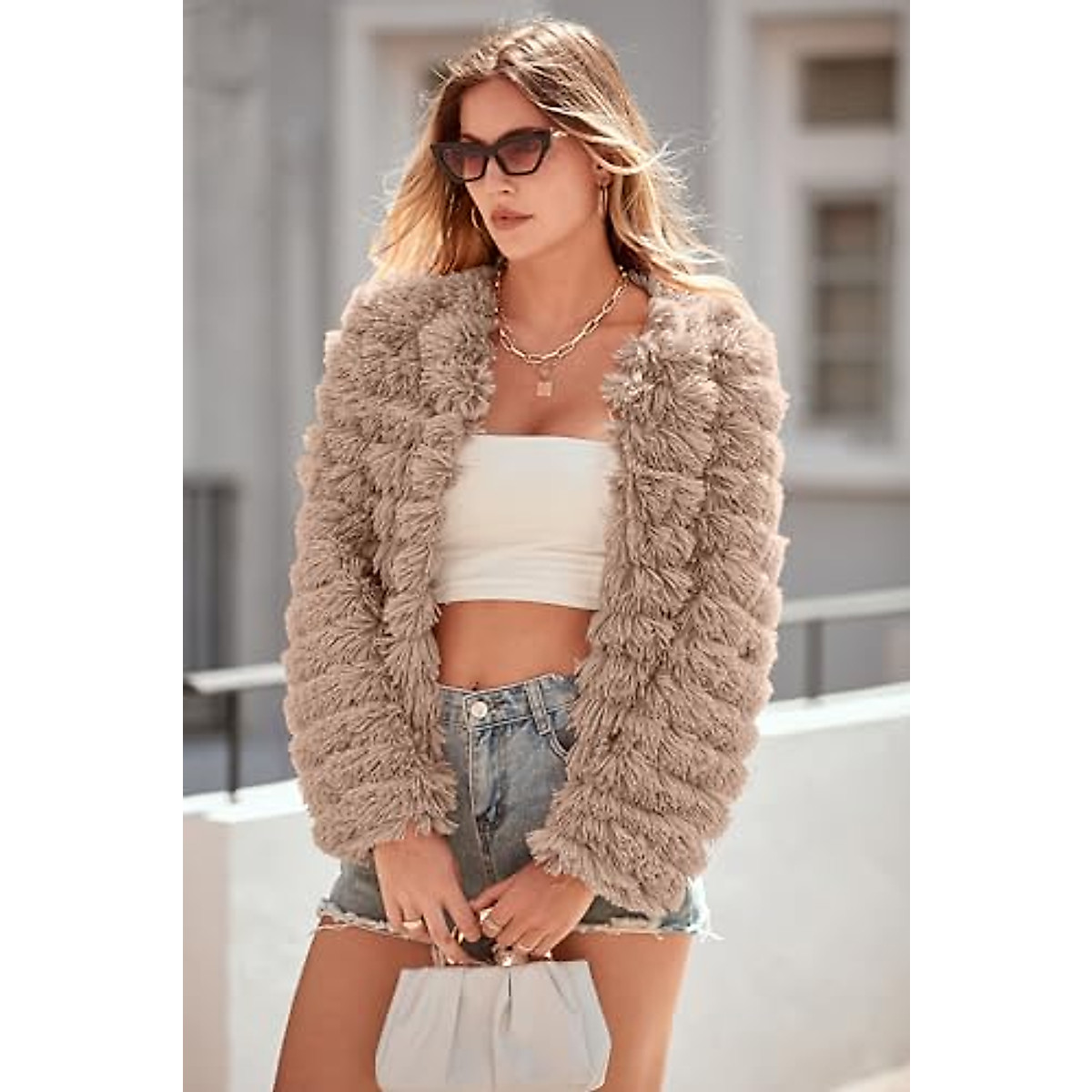 PRETTYGARDEN Womens Winter Coats Fashion Faux Fur Long Sleeve Fleece Shaggy Lightweight Fall Cropped Jacket Outerwear (Dark Khaki,Medium)