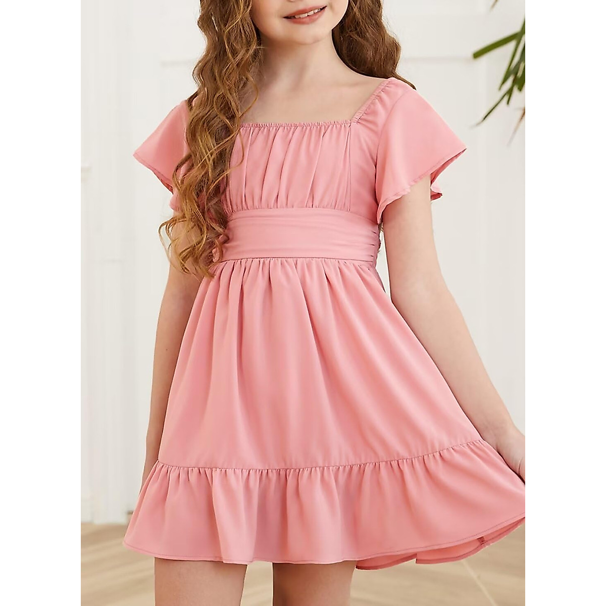 DOKOTOO KIDS Girls Summer Casual Ruffle Short Sleeve Back Tie Graduation Party Dress Pink 8-9 Years Old