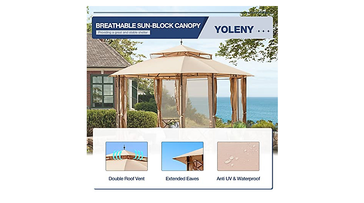 YOLENY 12'x10' Patio Canopy,Gazebo with Mesh Curtains and Safety Bars ...