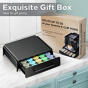 K Cup Holder(Gift Box), Smooth Sliding with Wheels Coffee Pod Holder Saving Space, Sturdy Metal K Cup Organizer Coffee Pot Storage Pull Out Drawer Load-Bearing 100 LBS, Birthday & Holiday Gifts