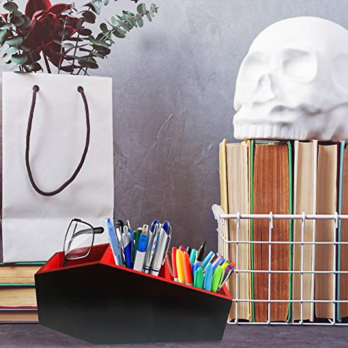 Underground Whispers Red Coffin Makeup Brush Holder - Triple Compartment Vanity Organizer and Desk Storage for Lipstick & Eyeshadow Pen - Skincare Cosmetic Display Cases for Bathroom (Red)