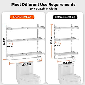 CPPDEL Over The Toilet Storage, 23.8" Lx8.46 Wx23.8 H, 3-Tier Adjustable Metal Bathroom Organizer Expandable Over Toilet Storage, Floating Heavy Duty Bathroom Storage, Space Saver w/Hanging Rod-White