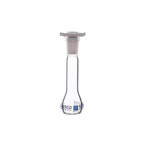 EISCO Volumetric Flask, 5ml - Class A - 10/19 Polyethylene Stopper, Borosilicate Glass - Blue Graduation, Tolerance ±0.025