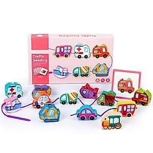 JAQI Montessori Educational Wooden Threading Stringing Toys Dinosaurs Traffic Space Insects Animals Fruits Lacing Beads Preschool Learning Toys for Toddler for Boys Girls (Traffic)
