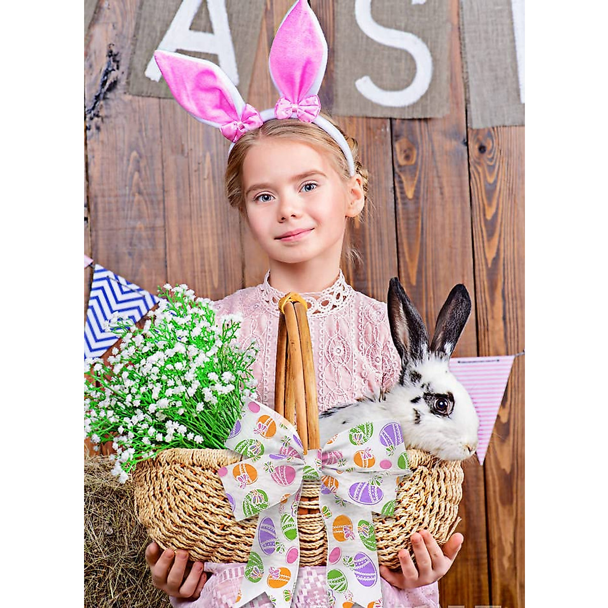 2 Rolls Easter Eggs Ribbons 2.5 Inch ×5 Yards, White Purple Burlap Ribbon Bows for Wreath, Holiday Craft Wired Edge Ribbons Bows for Easter Party Gift Wrapping Decorations