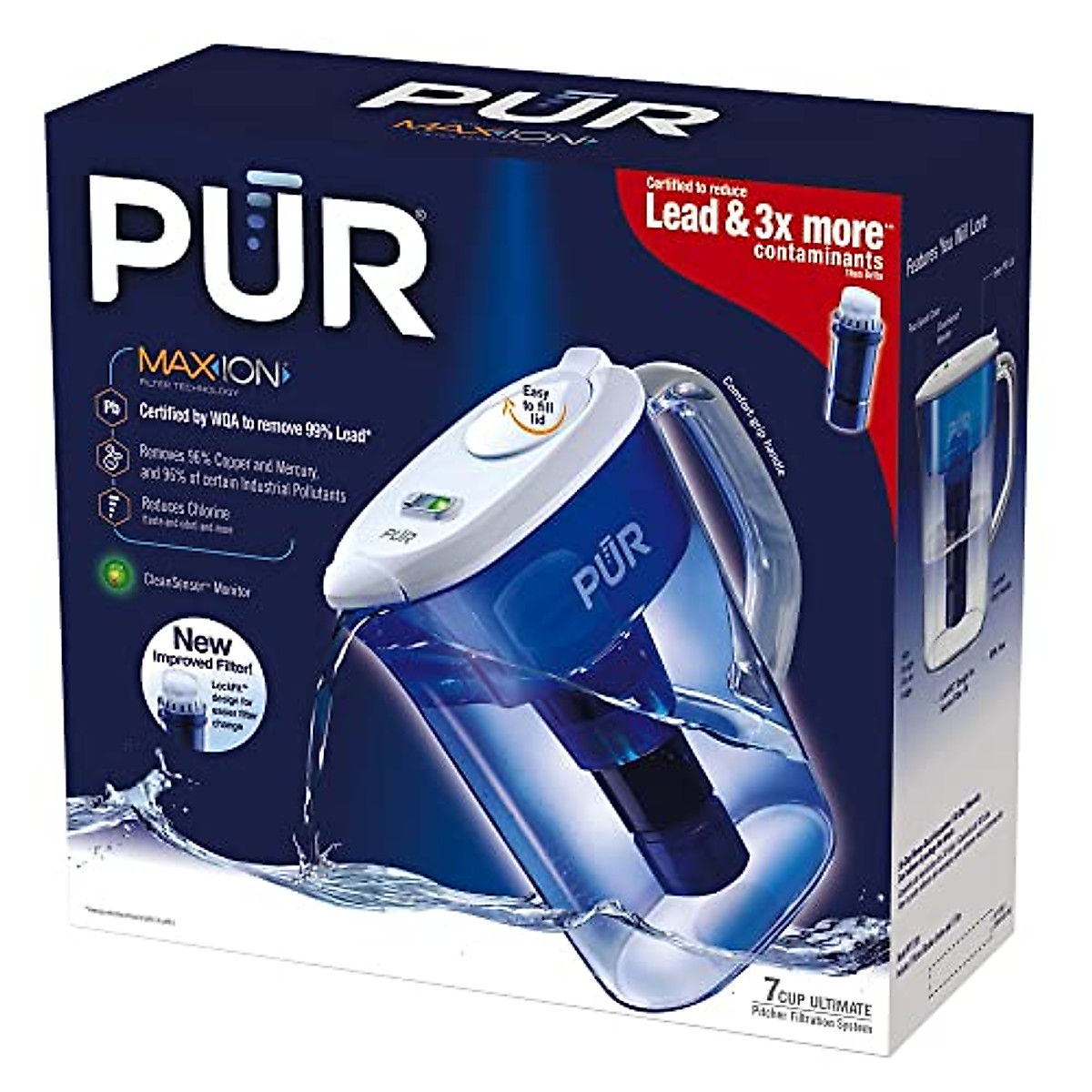 PUR Ultimate Filtration Water Filter Pitcher, 7 Cup, Clear/Blue