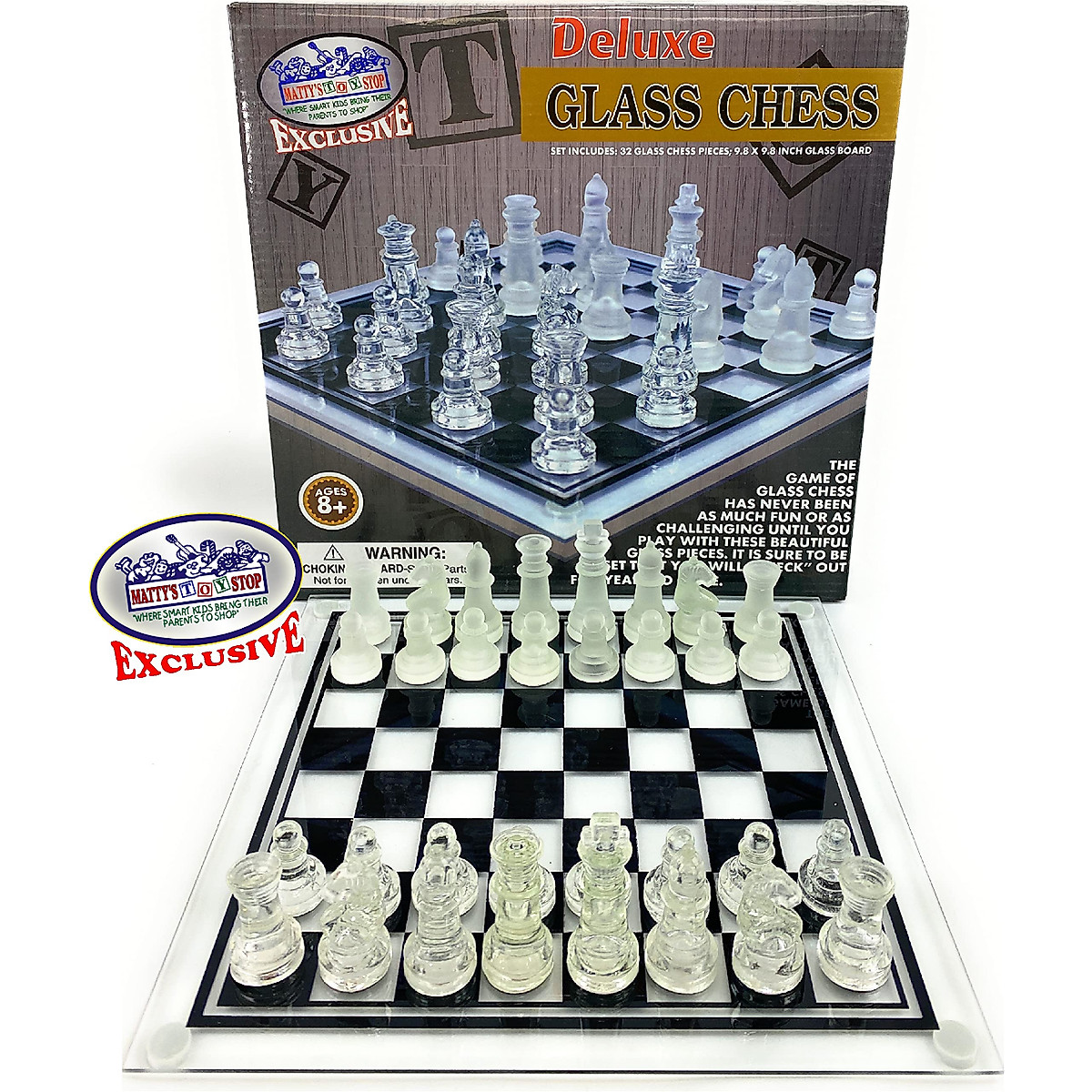 Matty's Toy Stop Deluxe Clear & Frosted Glass Chess Set (10") Small