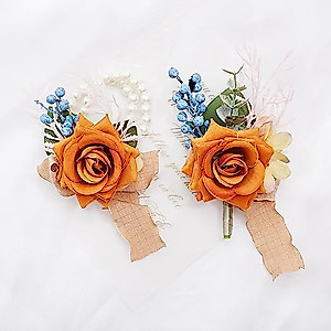 AJOYEGG Wrist Corsage and Boutonniere Set: Corsage Wristlet Band Bracelet Flower and Men Boutonniere Rose Flower Set for Wedding Prom Suit Decoration(Burnt Orange)