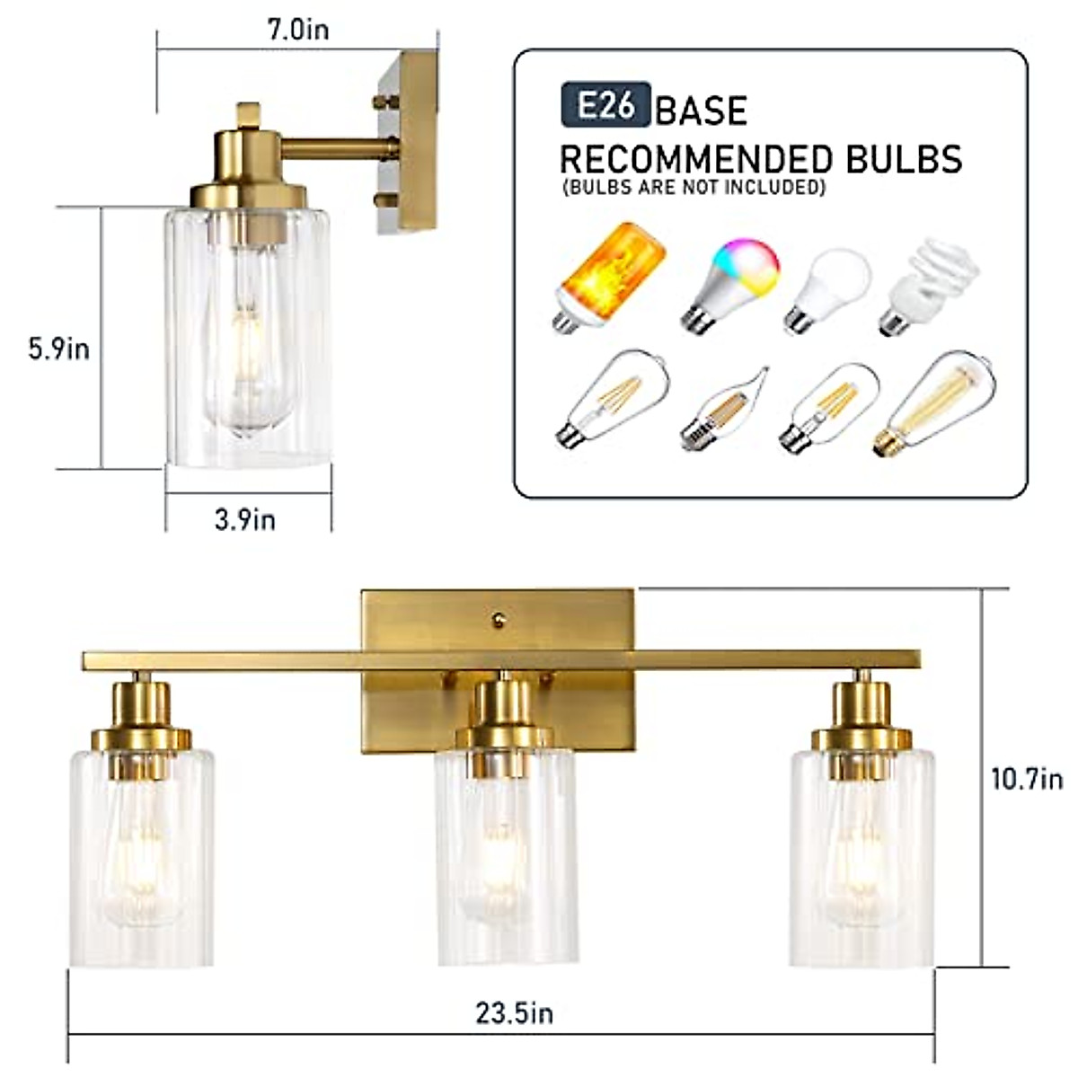 Jonsi Gold Bathroom Light Fixtures, 3 Light Brushed Gold Bathroom Vanity Lights with Fluted Glass Shade, Modern Gold Bathroom Lights Over Mirror, Vanity Lighting Fixtures, 23.5" W x 10.7" H