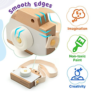 Bimi Boo Wooden Baby Camera Toy- Photographed Props for Pretend Play - Fake Camera for Toddlers 2-3+ Year Olds with Detachable Strap - The Perfect Aesthetic Gift for Kids