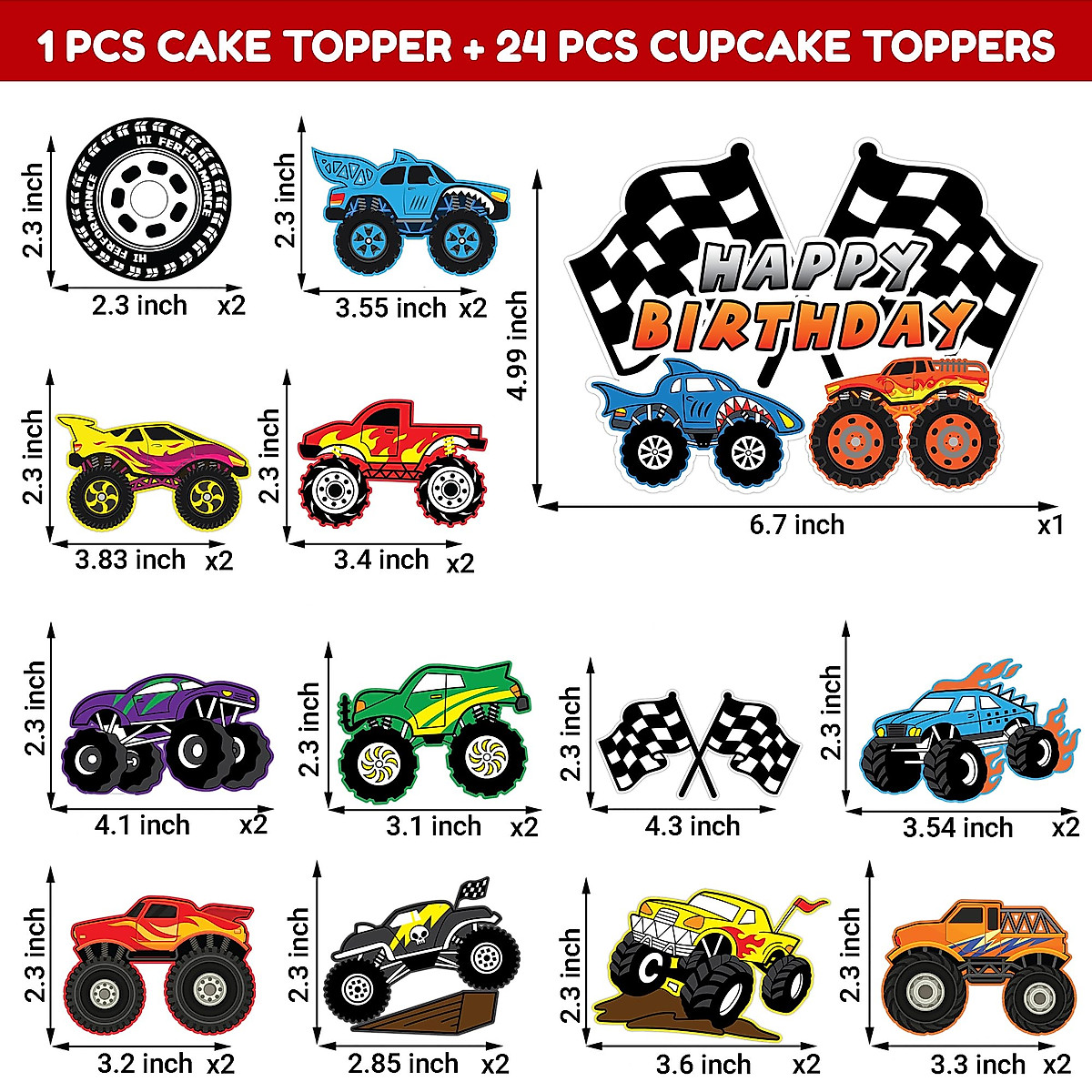 25 PCS Monster Truck Trucks Theme Birthday Party Cake Topper Cupcake Toppers Supplies Decorations Favors Decor Cute Gifts for Games Boys Girls Kids Teen Baby Shower Rewards Prizes Carnival Themed