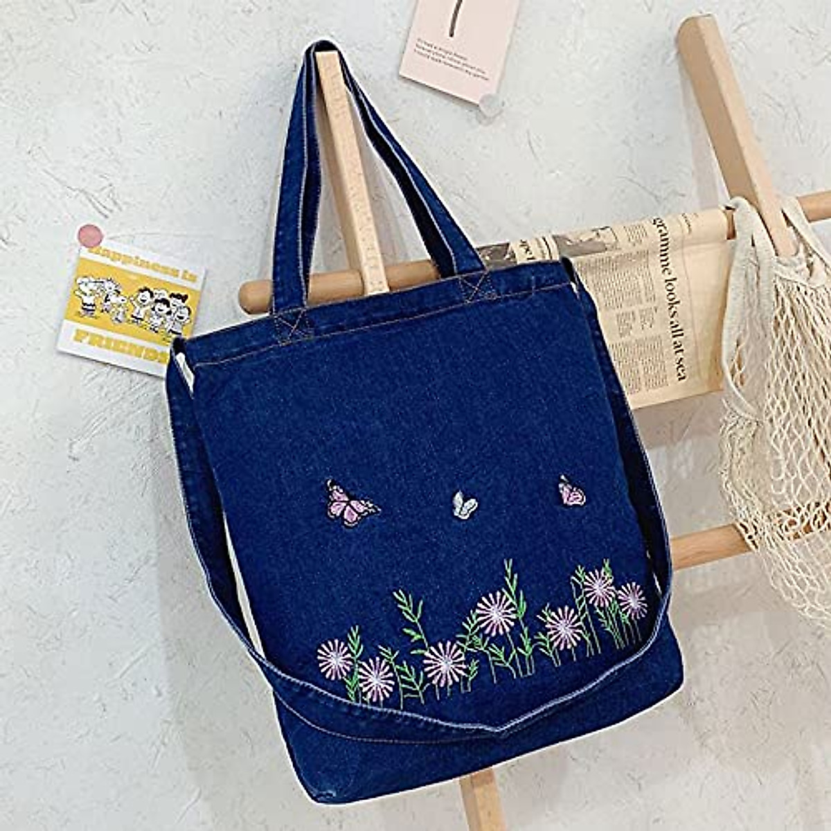 Van Caro Women Denim Purse Blue Jean Bag Fashion Tote Bag Shoulder Bag Handbag Top Handle Satchel Purse,Deep Blue Butterfly