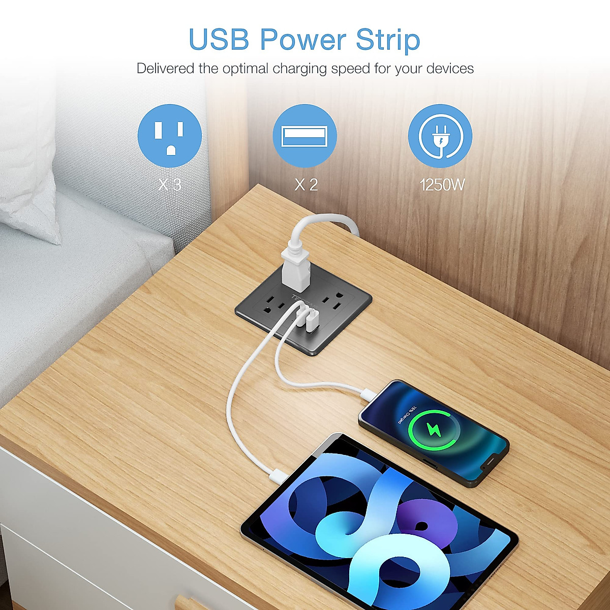 Furniture Recessed Power Strip with 3 AC Outlets 2 USB Ports, TESSAN Flush Mount Outlet with Surge Protector, 5 Ft Desk Surge Protecion Charging Station for Sofa, Table, Cabinet, Conference