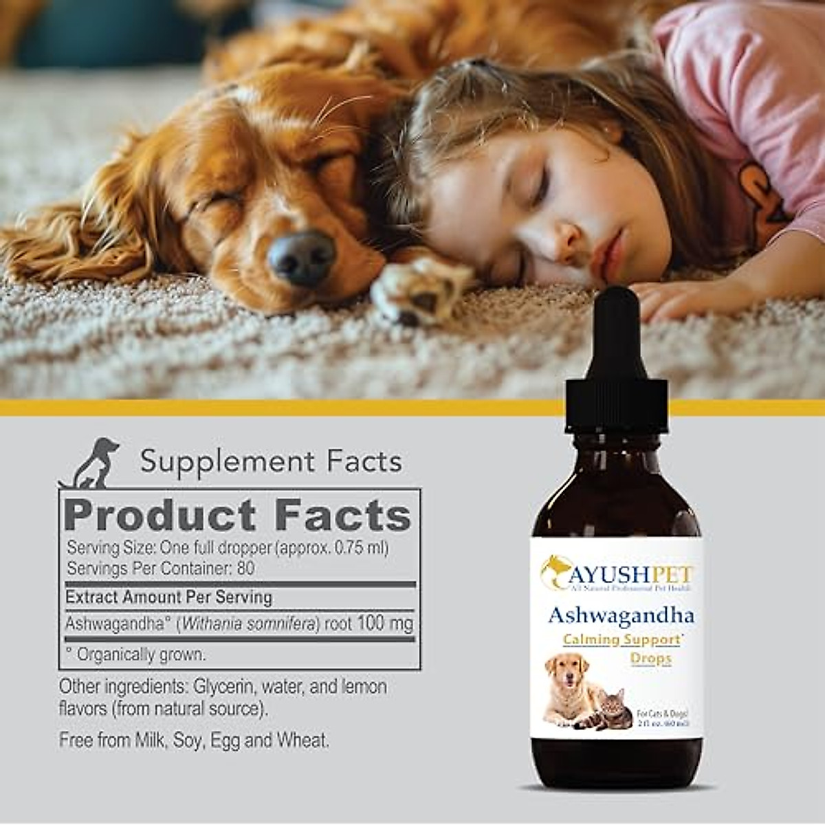 Ayush Pet Stress Support Ashwagandha Drops, Calm and Focus for Dogs or Cats, Alcohol Free Supplement, 2 oz.