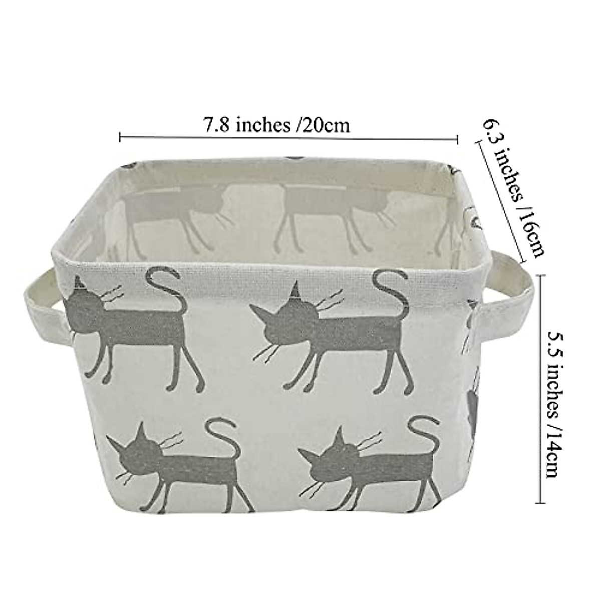 Mziart Small Foldable Canvas Storage Basket with Handles, Cotton Linen Storage Bin Organizer for Nursery Kids Shelves & Desks (Grey Cat)