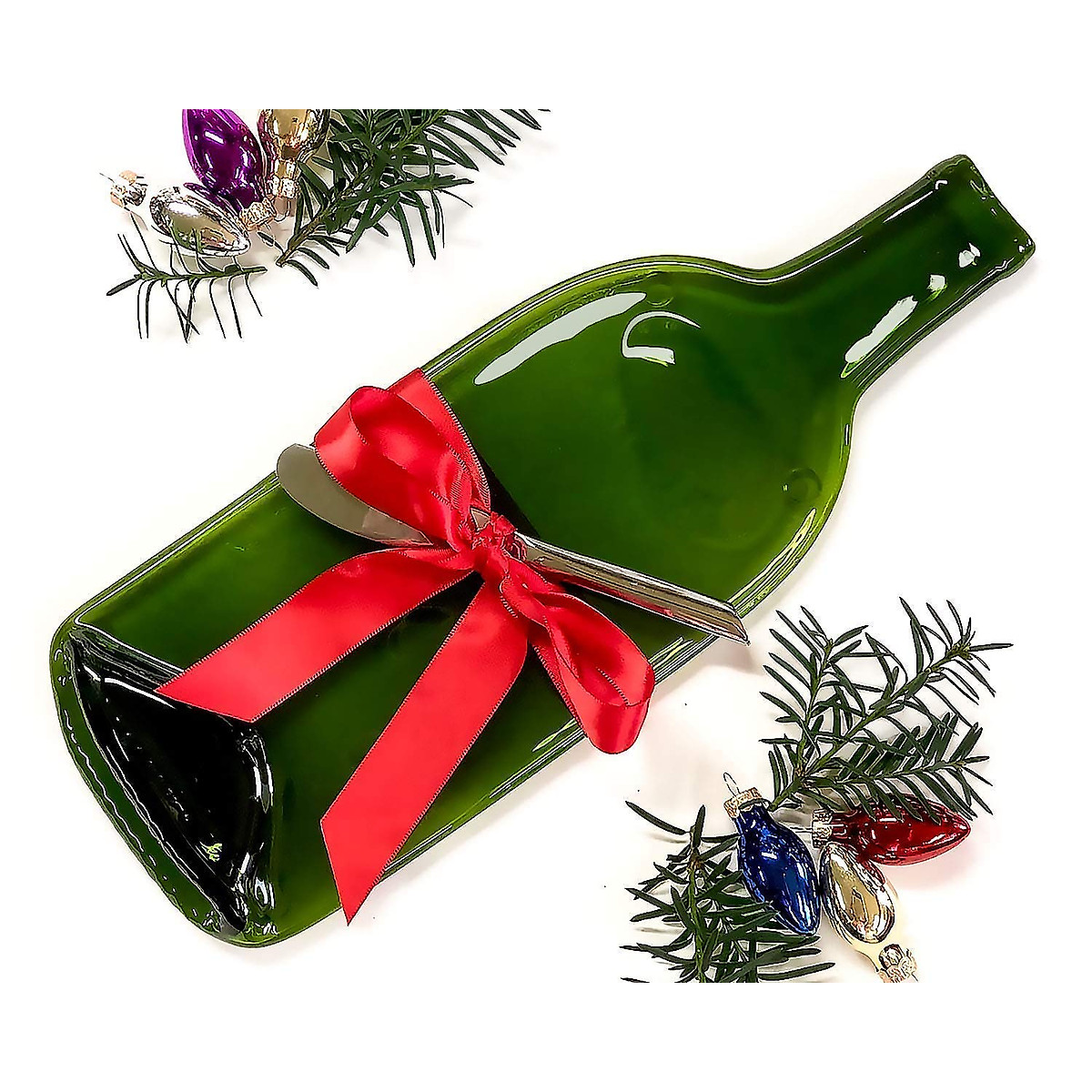 Melted Wine Bottle Cheese Serving Tray with Cheese Spreader and Red Ribbon, Unique Christmas Gift by Mitchell Glassworks