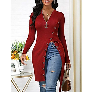 Omoone Women's Sexy Vneck Tshirts Tops Half Zip Long Sleeve Sweater Dress High Split Shirt Blouses Knitted Pullover Top (2868-Red-XL)