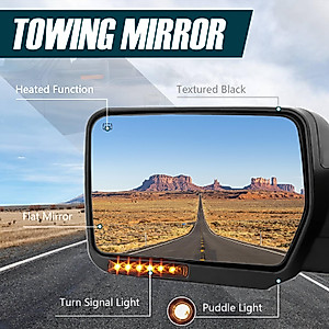 Perfit Zone Towing Mirrors Fit 07-14 F150 Pickup Truck, POWER HEATED W/AMBER SIGNAL BLACK Mirror LEFT Driver Side Replacement