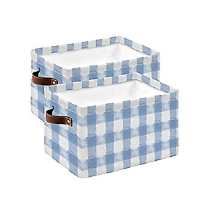 Sky Blue Buffalo Check Rustic Farm Watercolor Cube Storage Organizer Bins with Handles, 15x11x9.5 Inch Collapsible Canvas Cloth Fabric Storage Basket, Books Kids' Toys Bin Boxes for Shelves, Closet