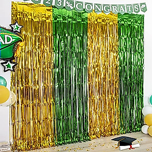 LOLStar 2 Pack Green and Gold Graduation Party Decoration 2023, 3.2x6.6 ft Foil Fringe Curtains, Tinsel Backdrop, Graduation Photo Booth Prop Streamer Backdrop for High School College University Party