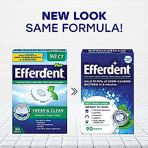 Efferdent Retainer Cleaning Tablets, Denture Cleanser Tablets for Dental Appliances, Fresh & Clean, Minty Fresh, 90 Tablets